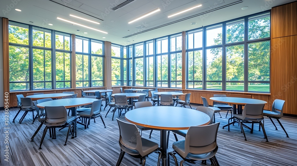 Bright and airy classroom, desks arranged in a circular pattern ...