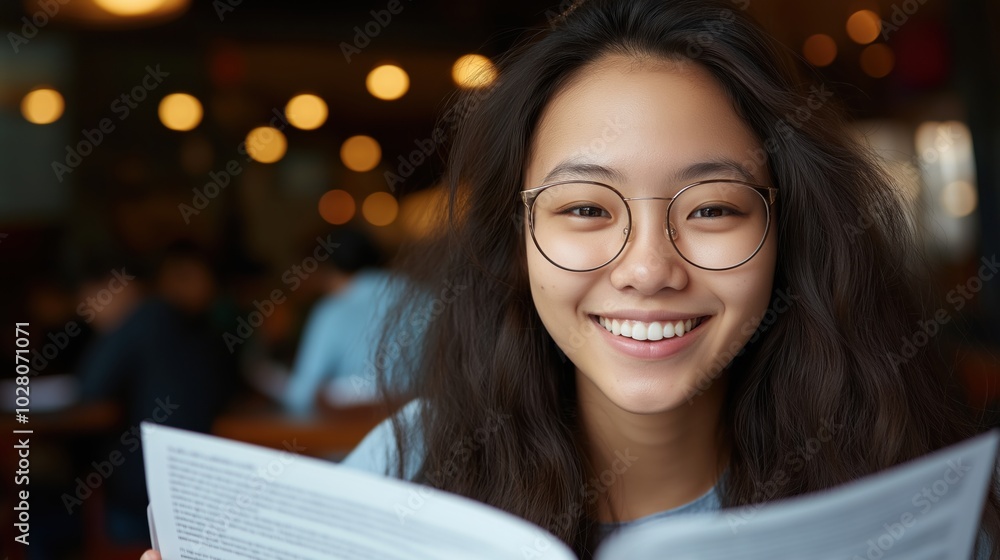 Young asian woman studying for exams in a cozy cafe setting for ...