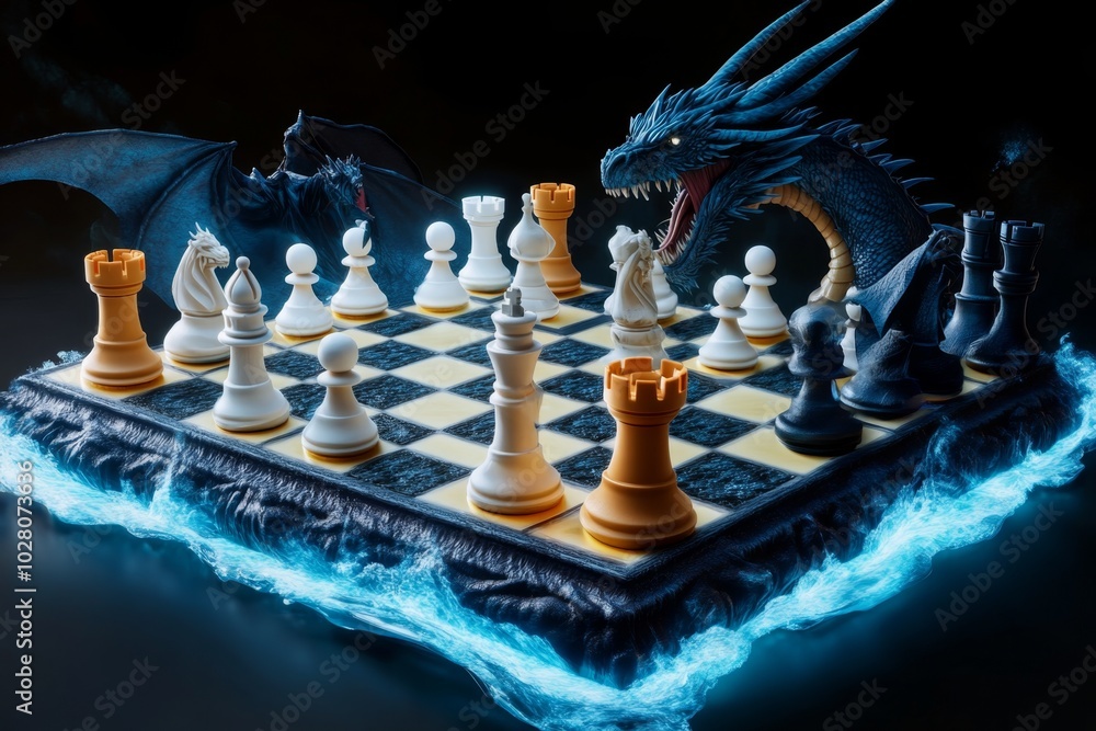Fantasy chess battle with dragons as rooks and wizards as bishops ...