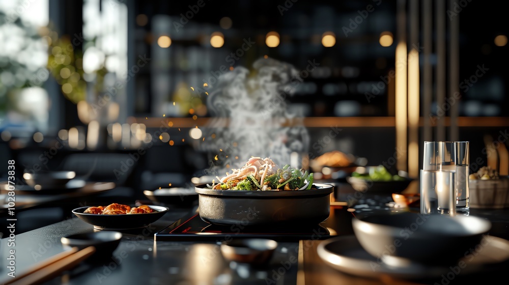 Modern restaurant shabu-shabu table, steam rising from hot pot, 3D ...