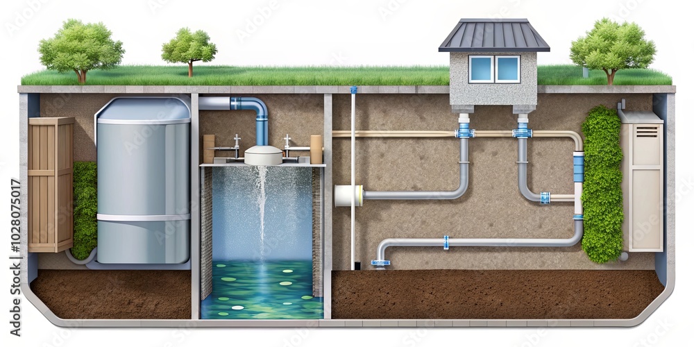 Cross-section view of an underground water filtration system with ...