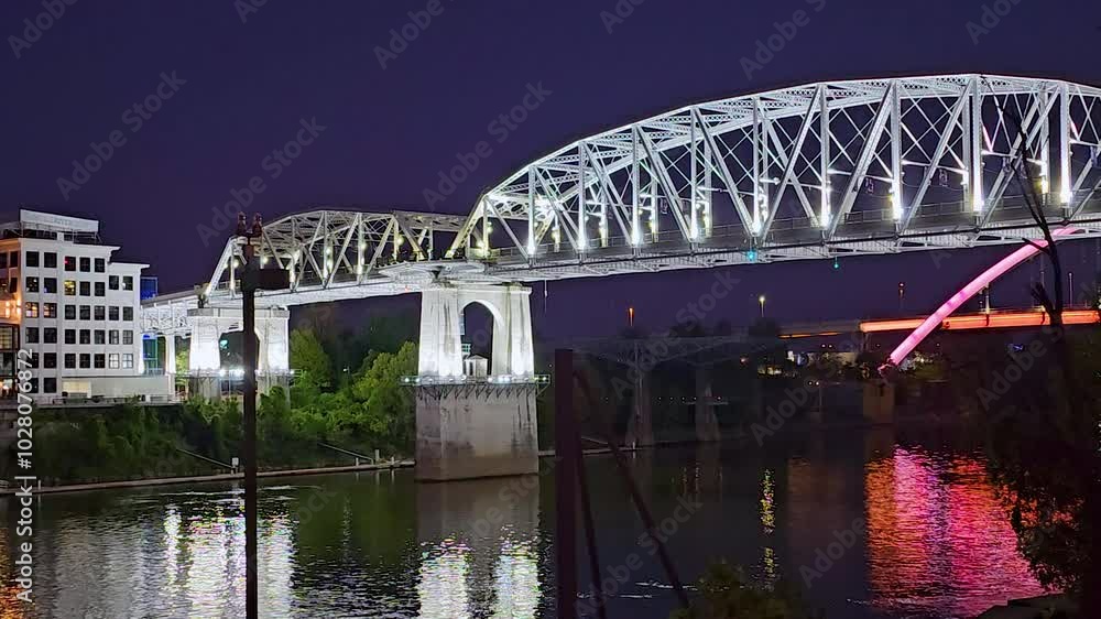 Night-Lighted John Seigenthaler Pedestrian Bridge-Cumberland River with ...