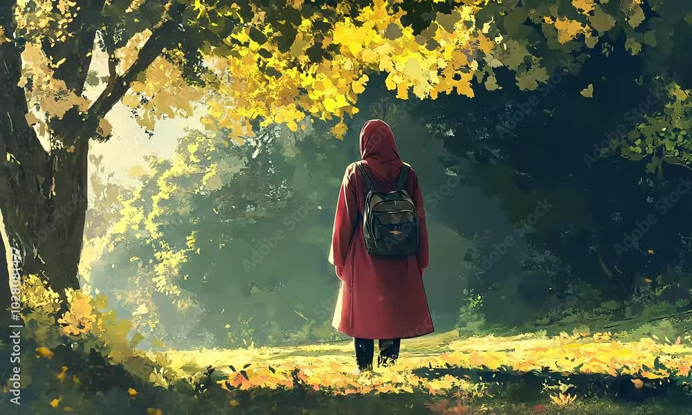 Woman walking through autumn forest in solitude illustration cartoon ...