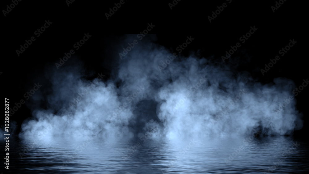Mystery coastal blue fog . Smoke on the shore . Reflection in water ...