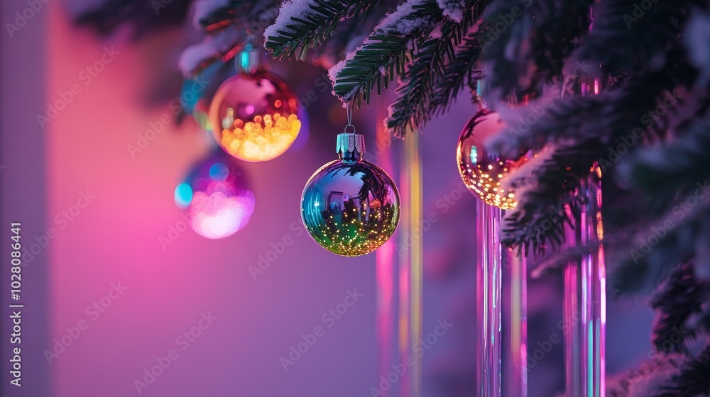 Neon Christmas decorations dangle from ultra-modern metallic branches ...