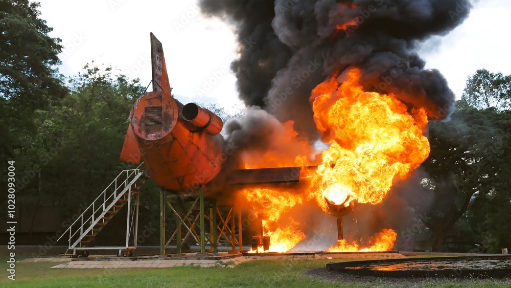 Fire explosion flammable airplane fire on smoke, hot danger flame ...