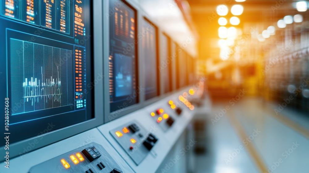 Control room with digital monitors displaying data and graphs in a ...