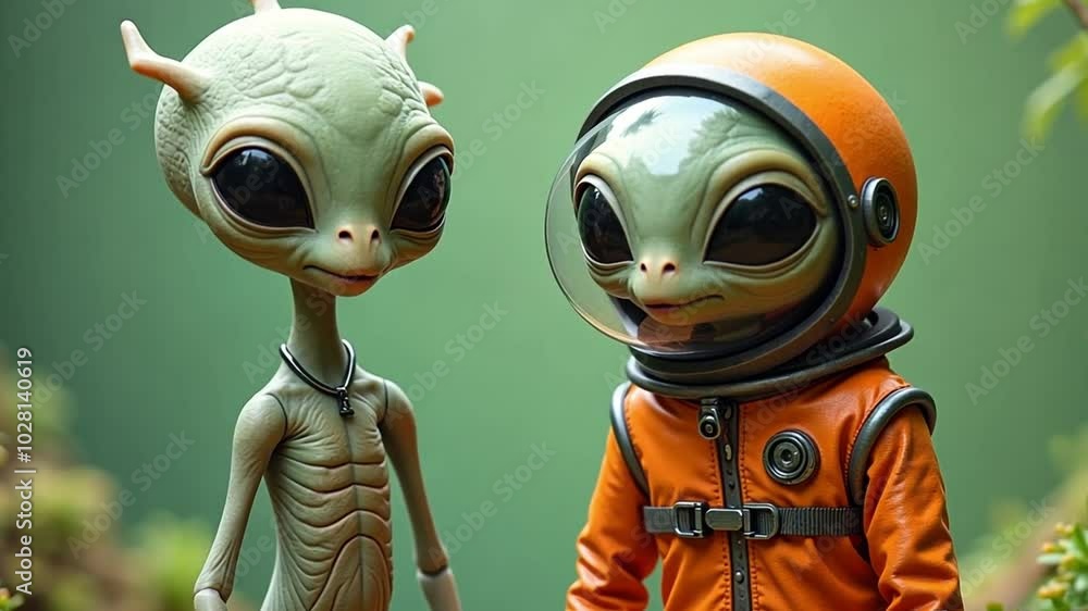 Two gray aliens with long necks and green jellyfish texture. Each alien ...