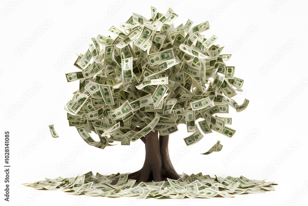 Money tree with dollars instead of leaves on white background. Concept ...