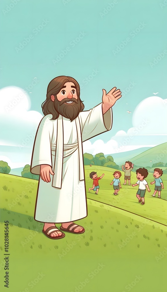 Jesus Christ waving, welcome, say hello to everyone, cartoon style ...