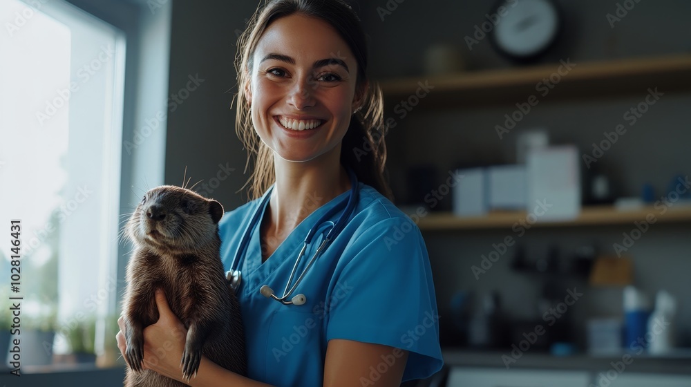 Cheerful Female Doctor Holding Beaver in Well-Lit Clinic Environment ...