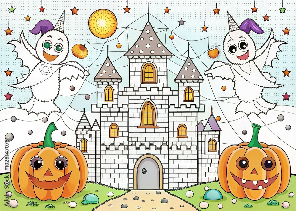 Playful Ghosts in a Haunted Castle Coloring Page for Halloween Fun ...