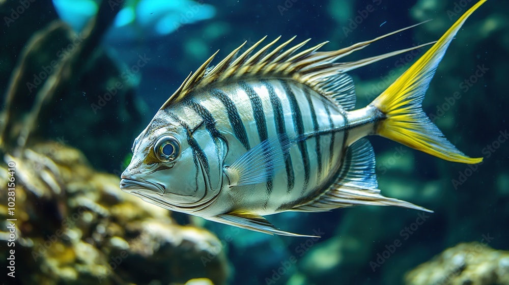 A majestic roosterfish swimming gracefully through the clear ocean ...