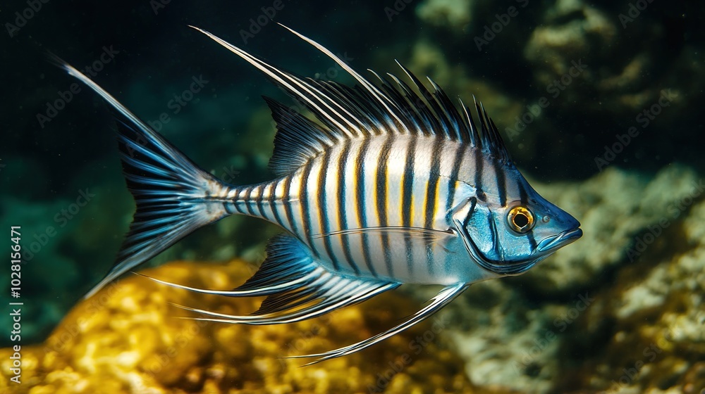 A majestic roosterfish swimming gracefully through the clear ocean ...