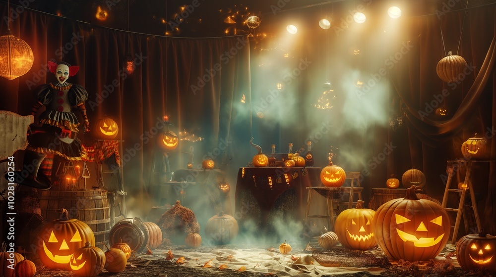 A spooky circus stage at a Halloween fair, with glowing jack-o ...