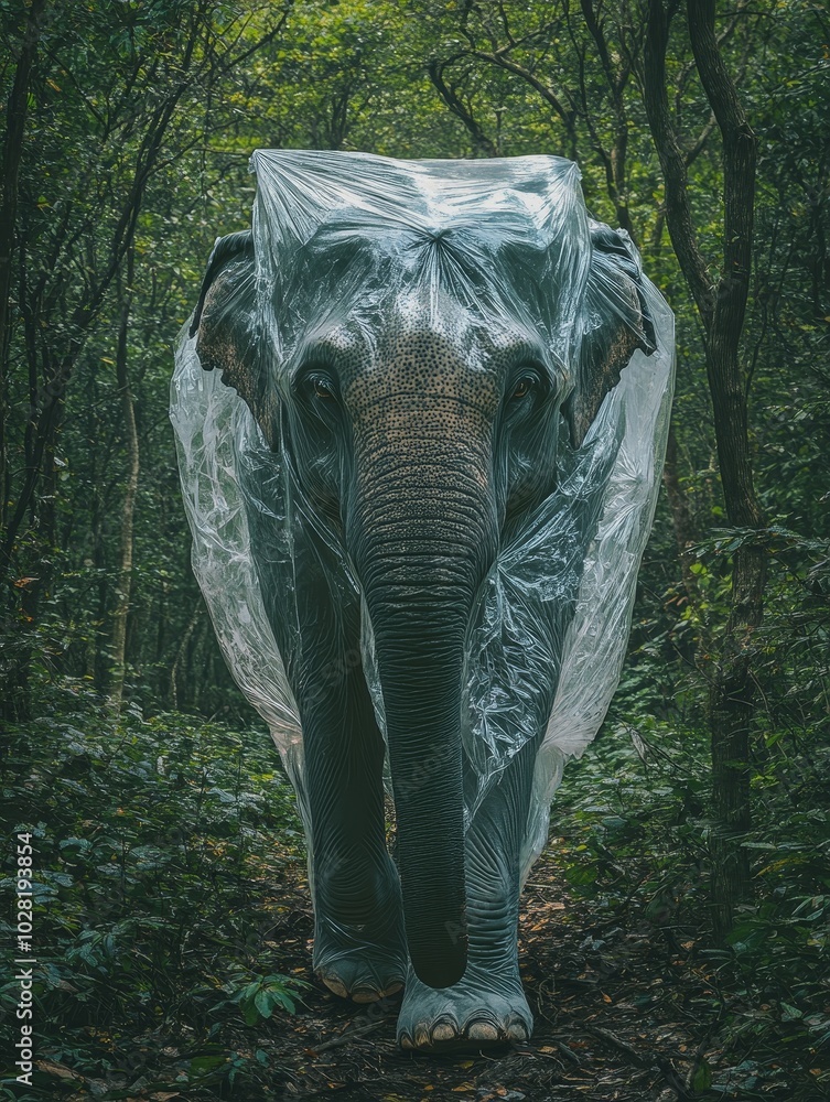An elephant covered in plastic walks through a lush jungle, symbolizing ...
