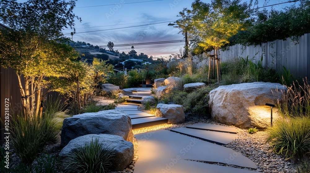 Futuristic backyard with native plants, automated water systems, and ...