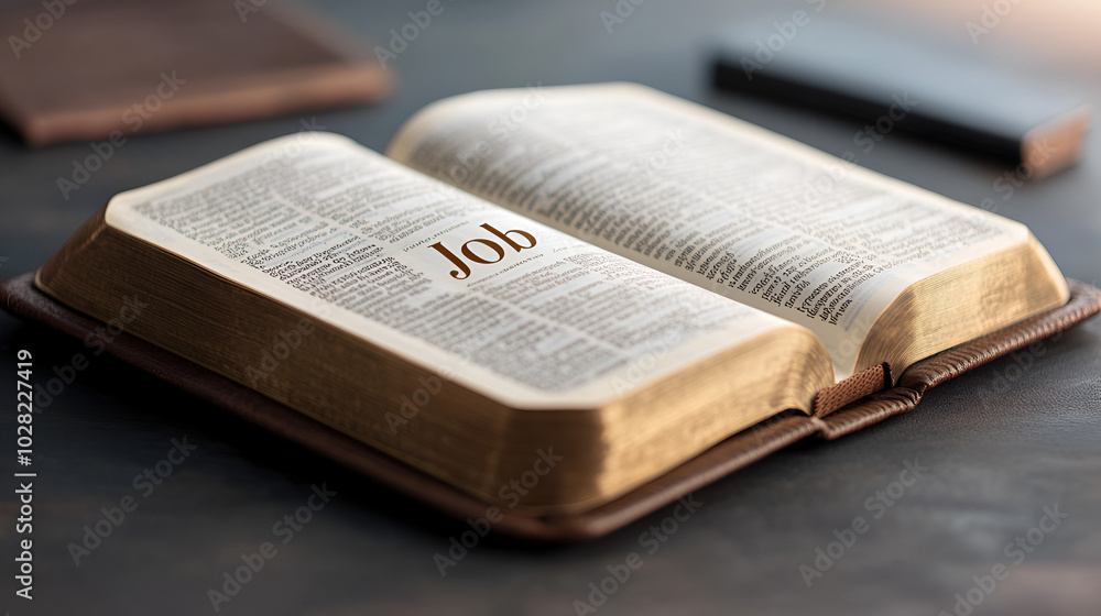 Book of Job. Open bible revealing the name of the book of the bible in a epic cinematic ...