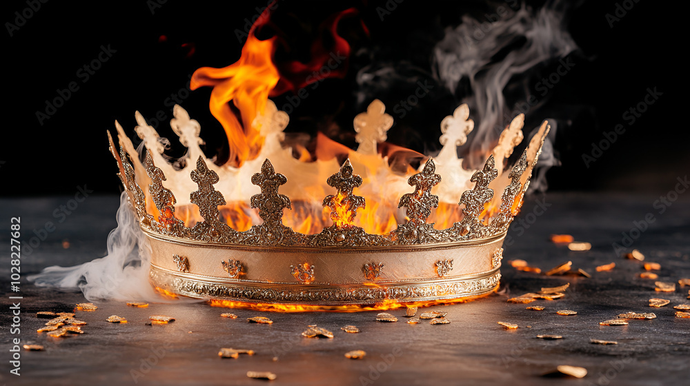 A flaming fantasy golden crown. Medieval crown burning in flames, smoke ...