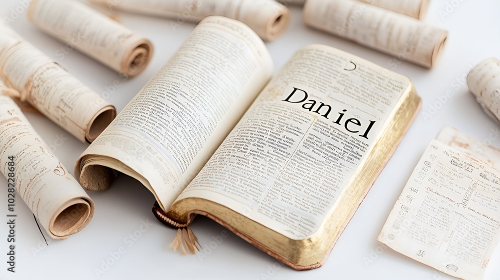 Glowing open scroll parchment revealing the book of the Bible. Book of ...