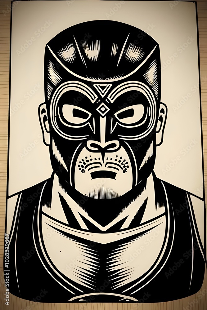 vintage lino cut of a mexican wrestling mask, muscular wrestler, sport ...