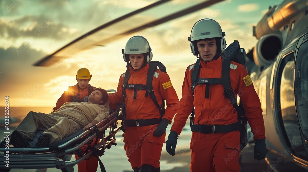 Emergency Medical Services Team in Action at Sunset. Dedicated ...