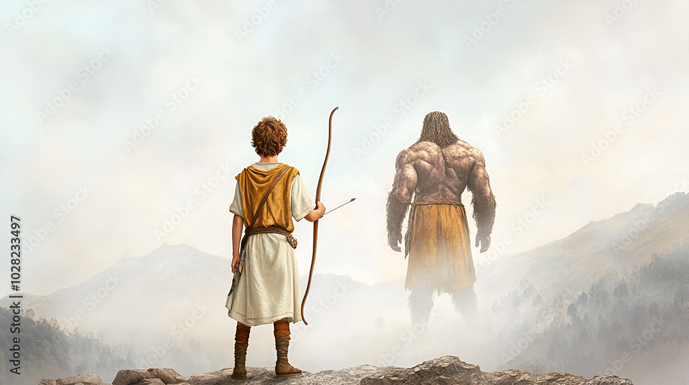David and Goliath. Bible story of young Shepherd boy defeating a giant ...