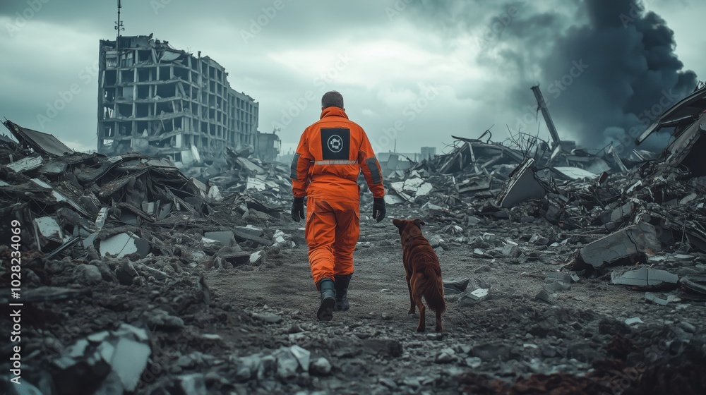 Emergency rescue worker in an orange suit walks with a dog through a ...
