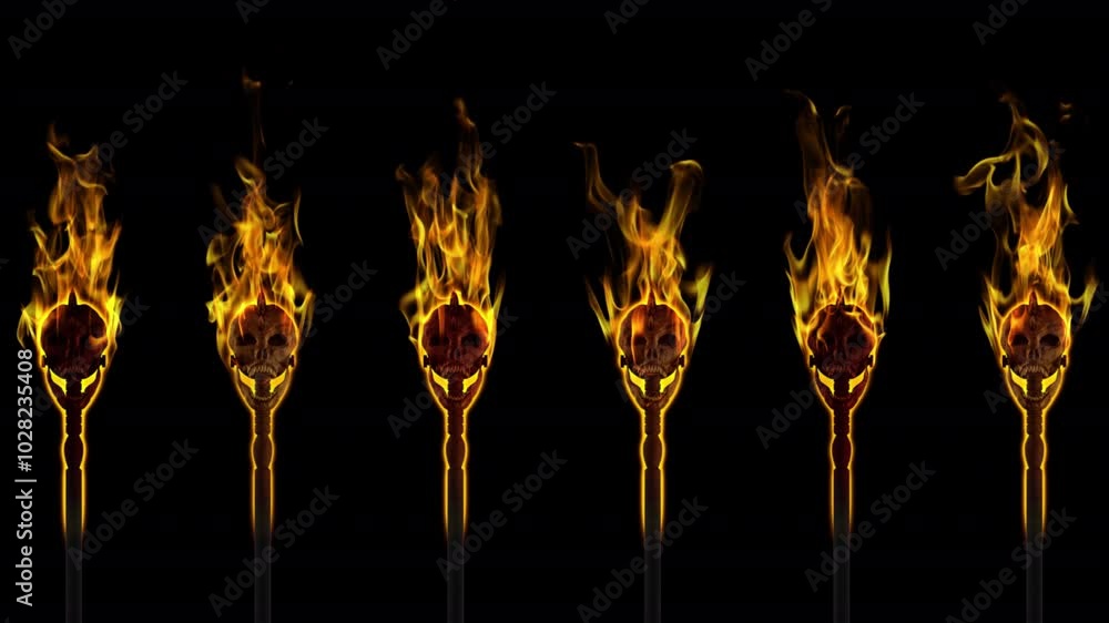 6 Burning Torches with Creepy Skulls - Underworld Fence in Flaming Loop ...