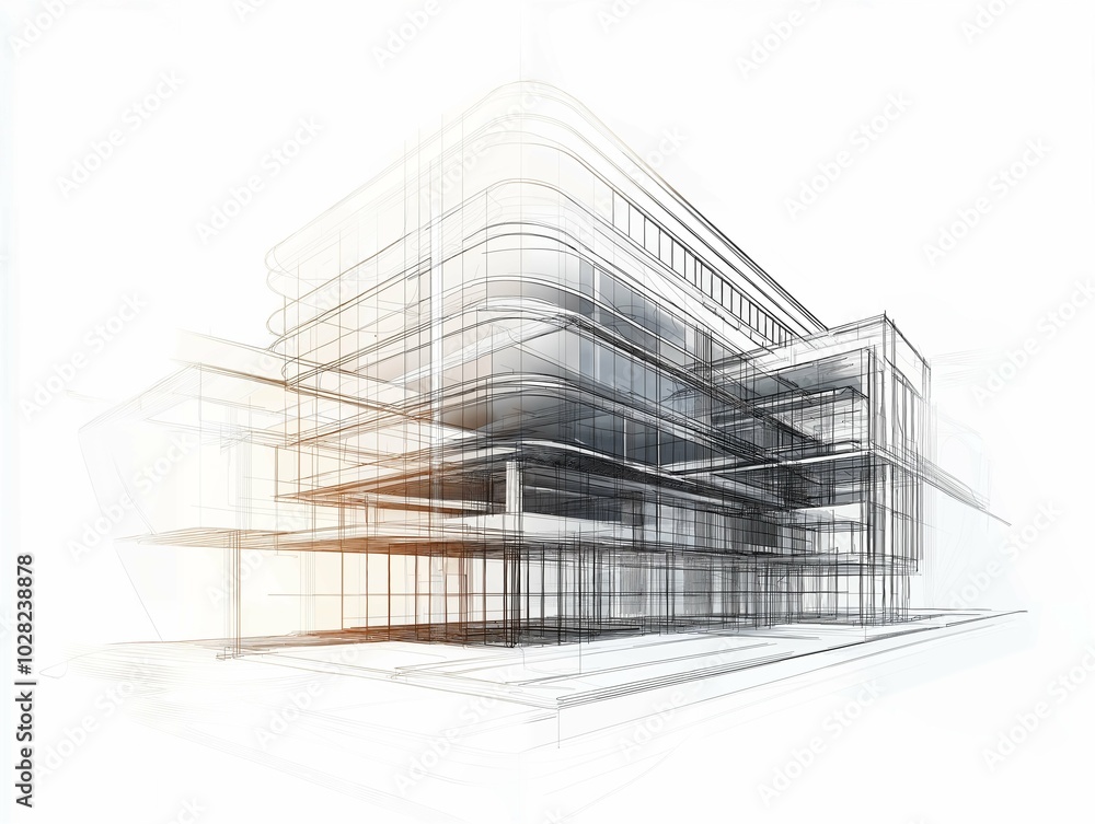 Architectural wireframe sketch of a multi-story building showcasing a ...