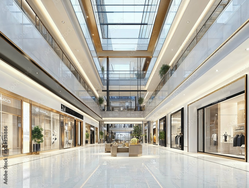 Spacious modern shopping mall with a glass ceiling, allowing natural ...