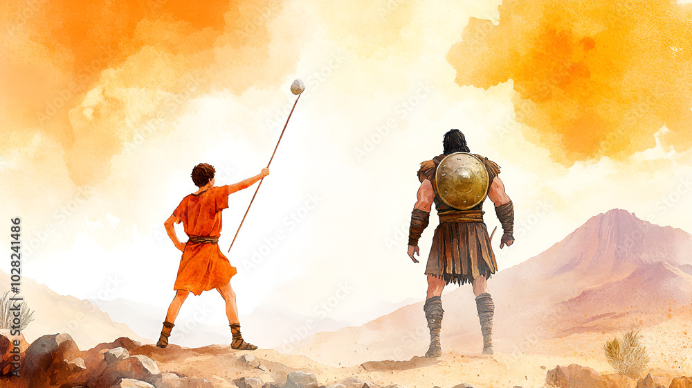 David and Goliath. Bible story of young Shepherd boy defeating a giant ...