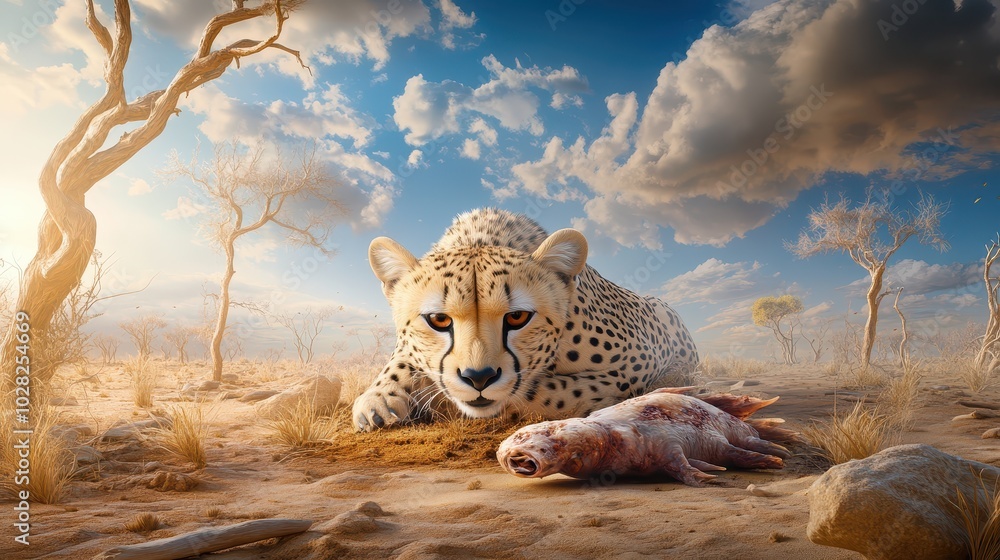 The aftermath of the hunt, with the cheetah and its prey in the savanna ...