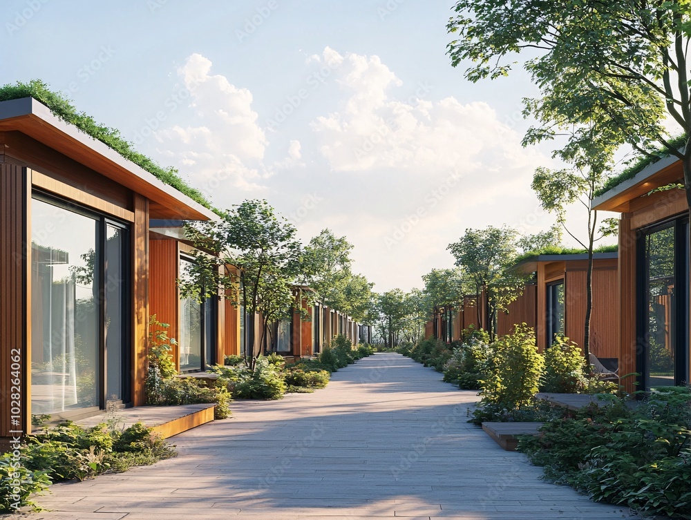 2408 16.A row of small wooden houses basking in the sunlight, standing ...