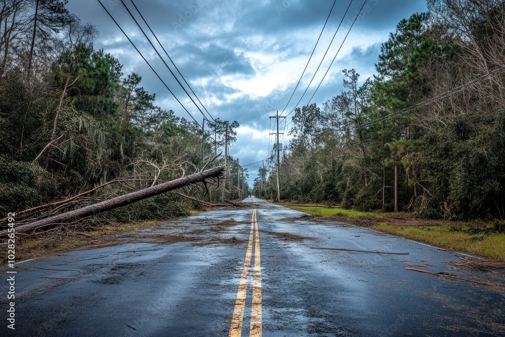 photograph of A utility pole fell right across the road and trees were ...