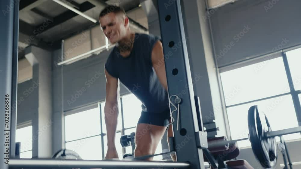 A focused man lifting weights in a contemporary gym setting, showcasing ...