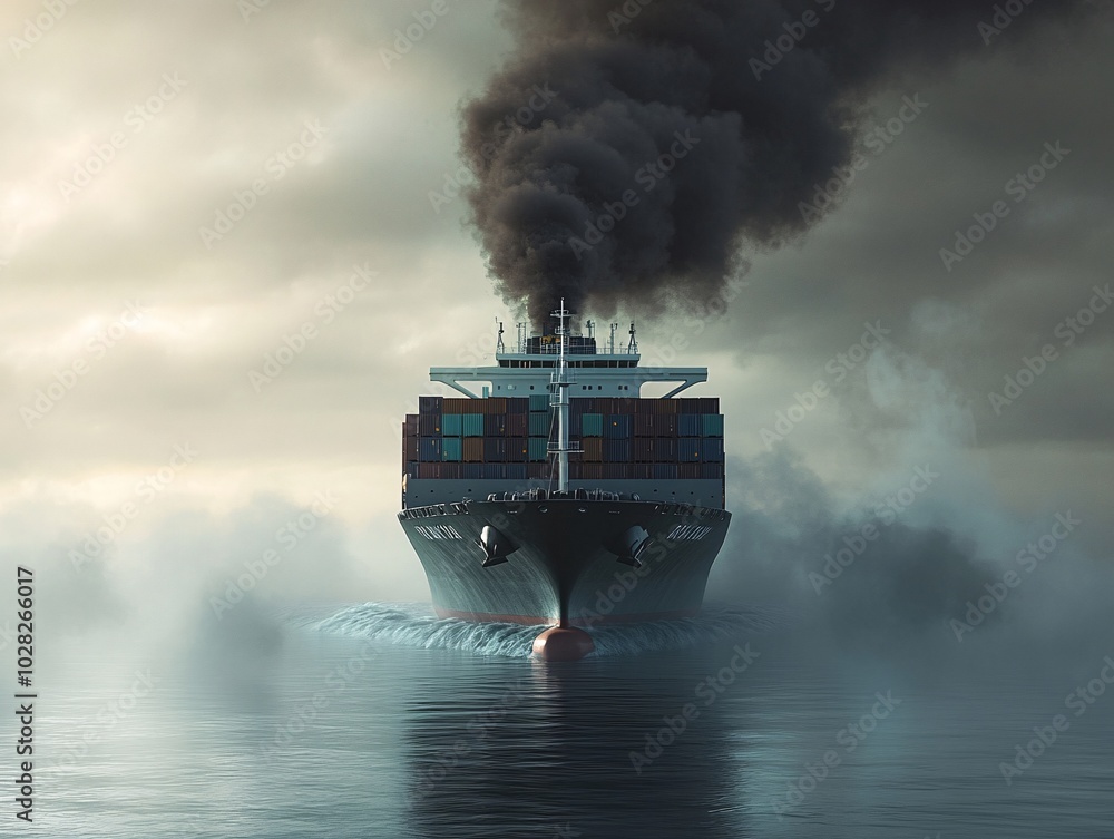 2408 88.A container ship at sea, with black smoke rising from its ...