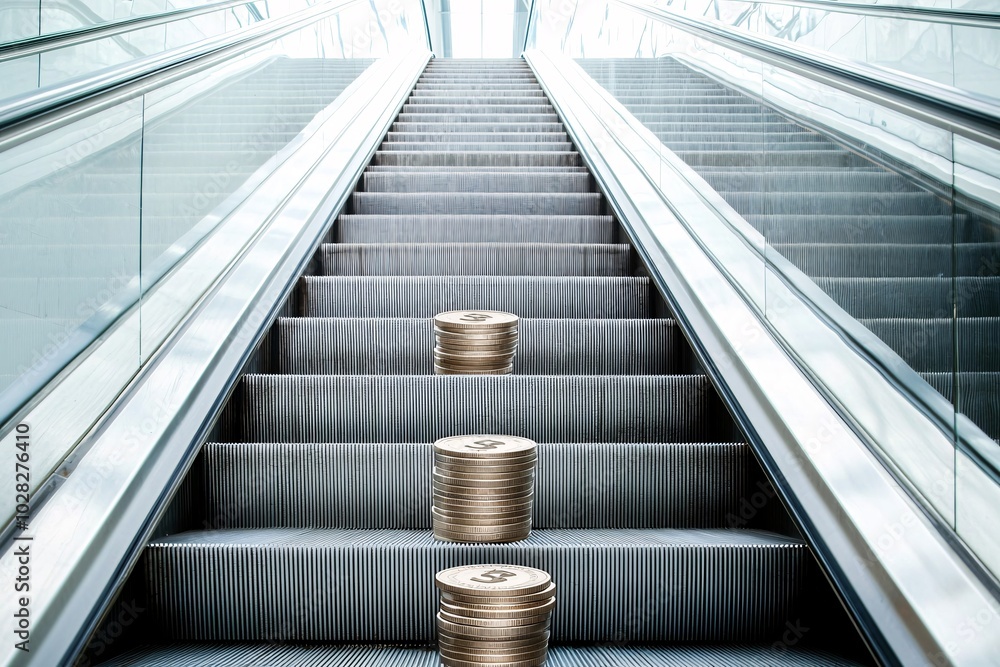 Descending escalator with coins and interest rate symbols, illustrating ...