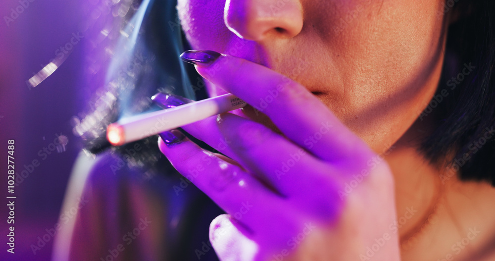 Smoking, party and hands of woman with cigarette for nicotine, tobacco ...