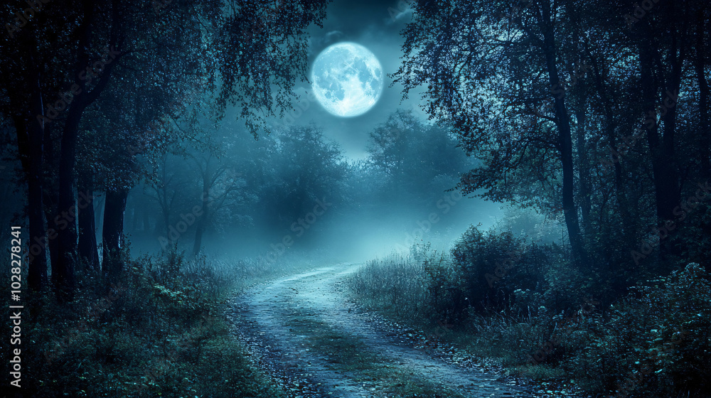 A dark path in the woods under a full moon, where every tree seems to ...