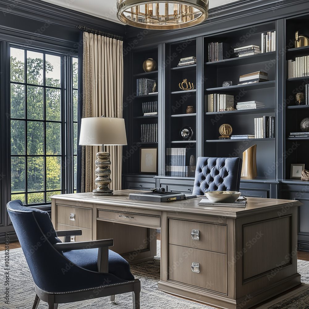 A dark blue and grey home office with a built-in desk, an elegant and ...
