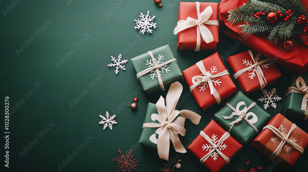 Handmade wrapped red and green gift boxes adorned with ribbons ...