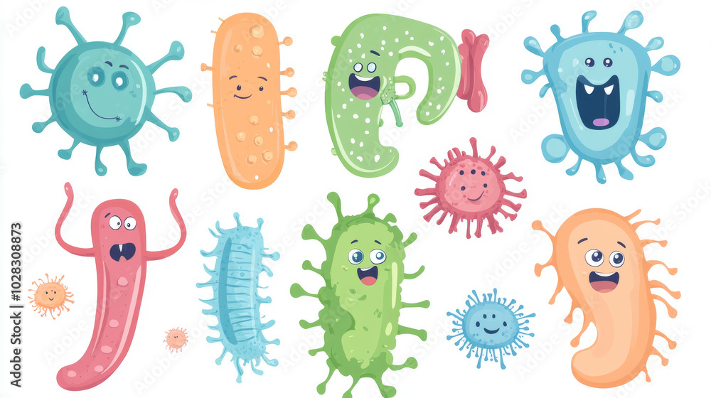 A cute set of bacteria, germ, and virus characters, isolated on a white ...