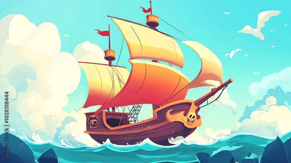 Cartoon illustration of a pirate ship sailing on the ocean with white ...