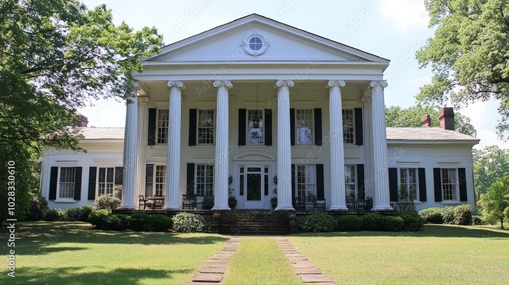 A colonial-era mansion with large columns, a wraparound porch, and ...