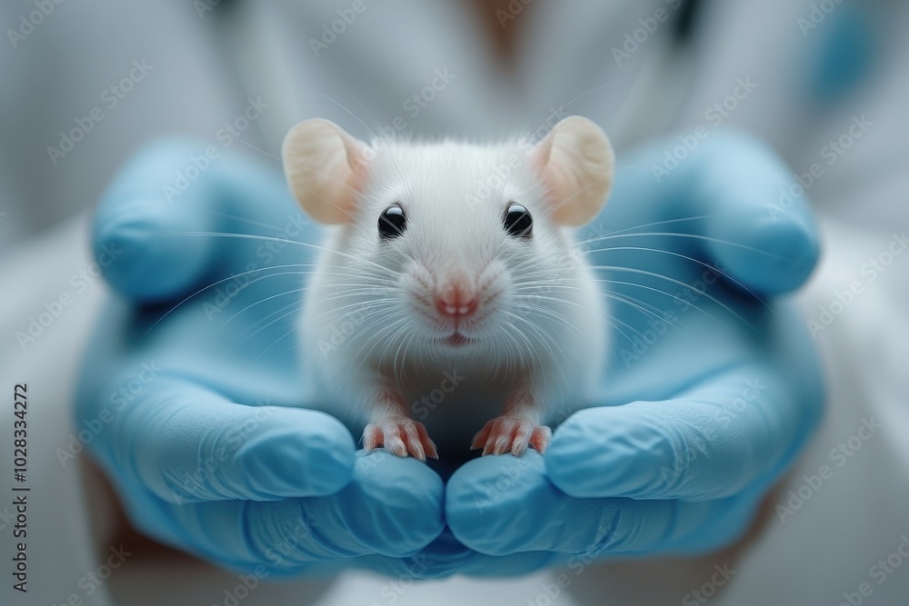 Cute White Mouse in the Hands of a Medical Worker Wearing Blue Gloves ...