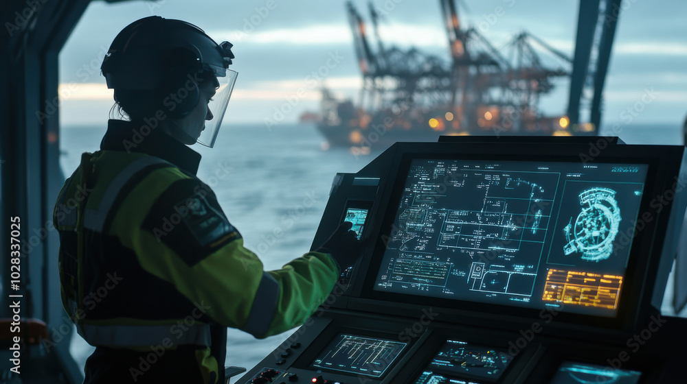 marine engineer operates advanced technology on commercial cargo ship ...