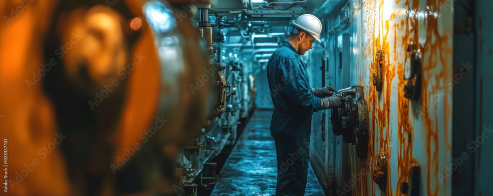 marine engineer working diligently inside ships propulsion system ...
