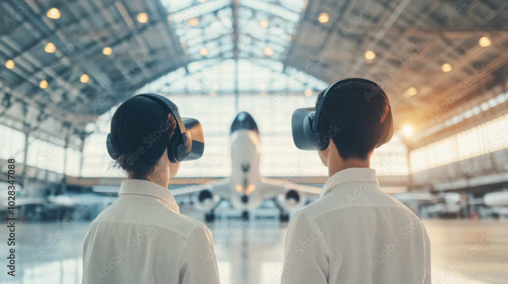 pair of aeronautical engineers wearing VR headsets in aircraft hangar ...