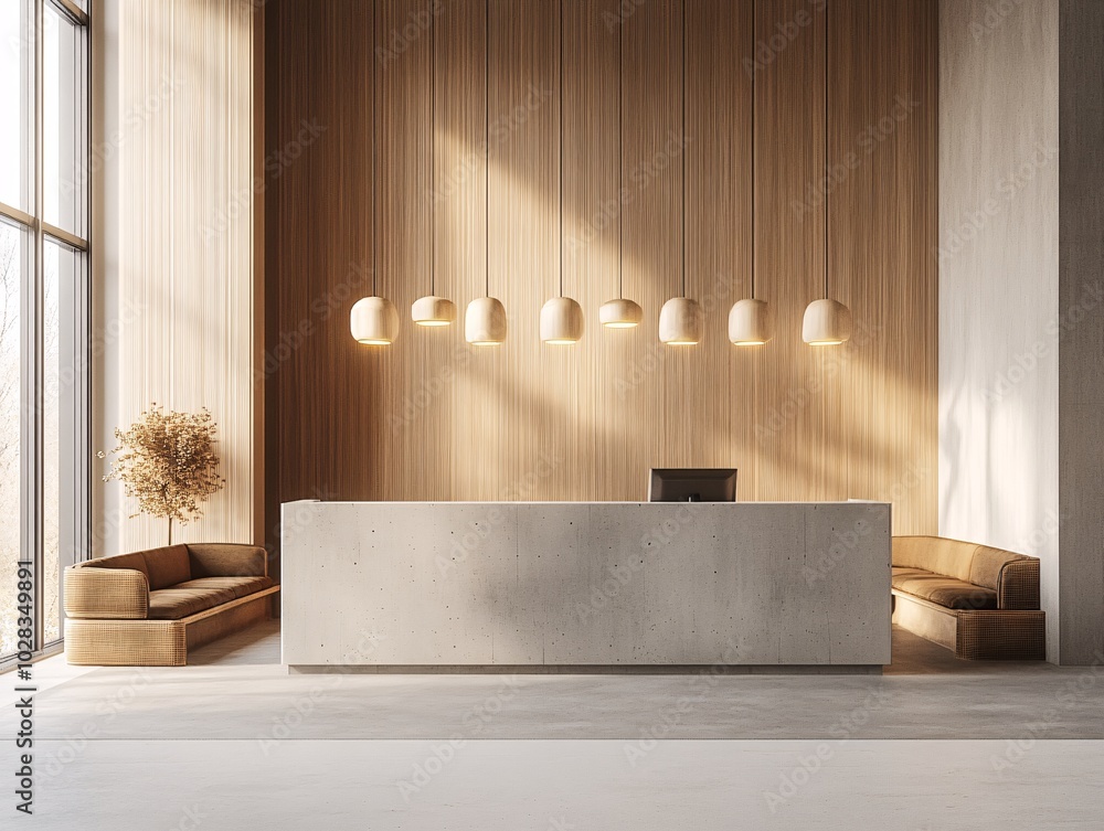 2408 54.A conceptual reception interior rendered in 3D, featuring a ...